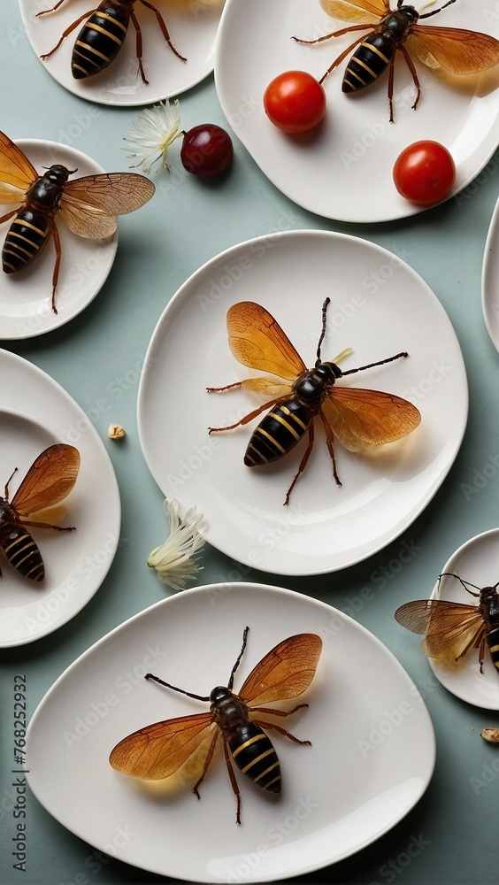 Insects, beetles and larvae as food on served plates. Concept Hunger ...