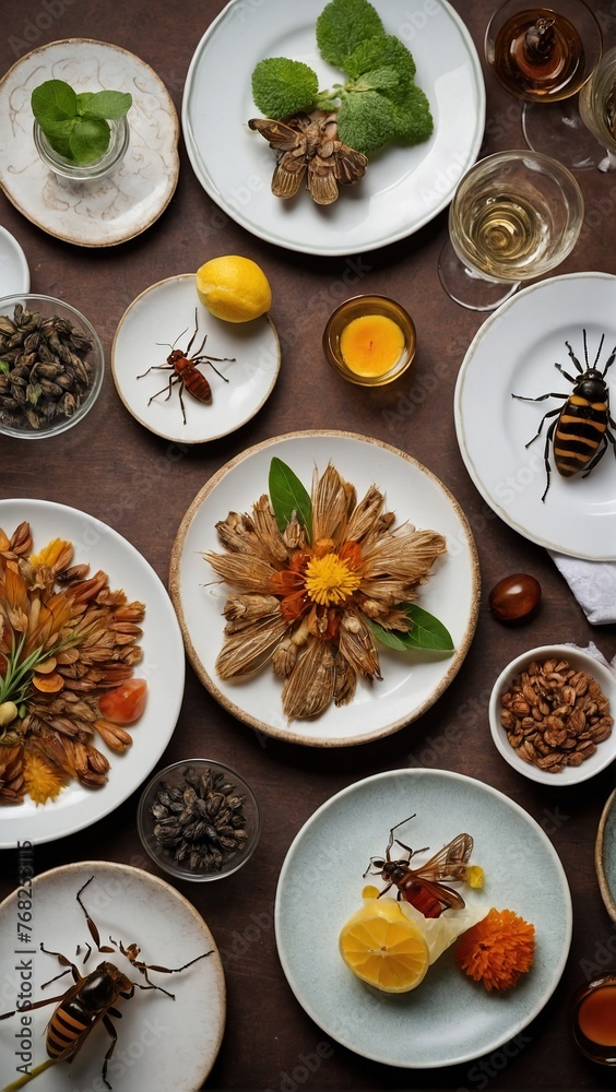 Insects, beetles and larvae as food on served plates. Concept Hunger ...