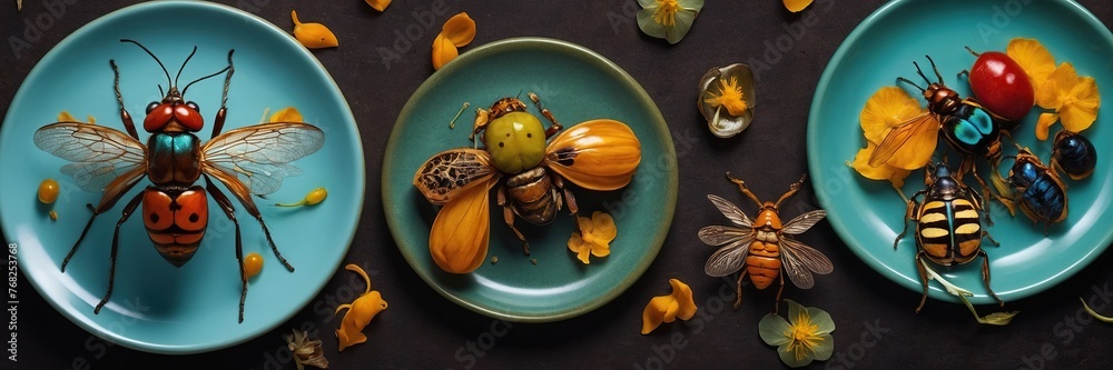 Insects, beetles and larvae as food on served plates. Concept Hunger ...