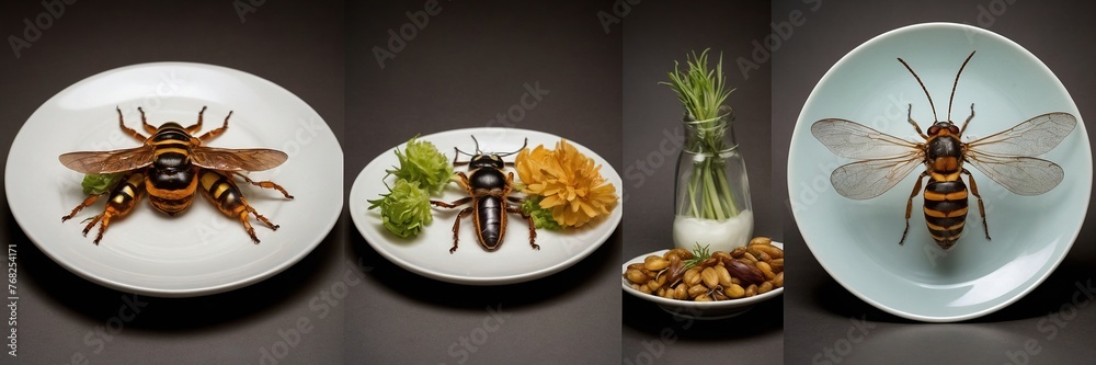 Insects, beetles and larvae as food on served plates. Concept Hunger ...