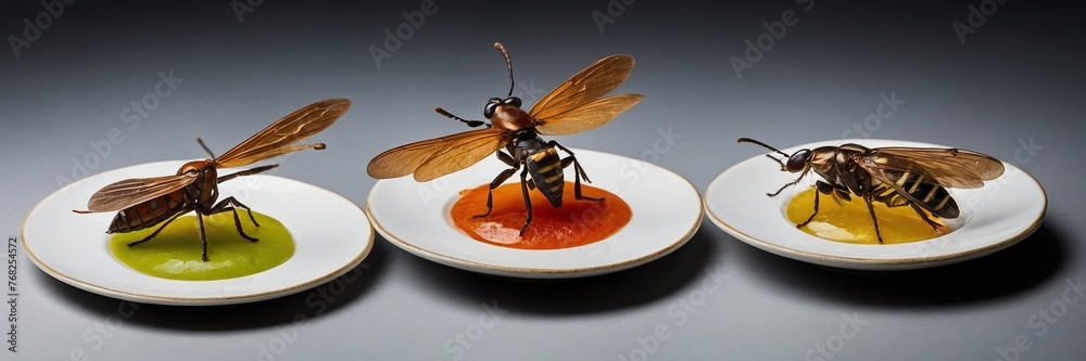 Insects, beetles and larvae as food on served plates. Concept Hunger ...