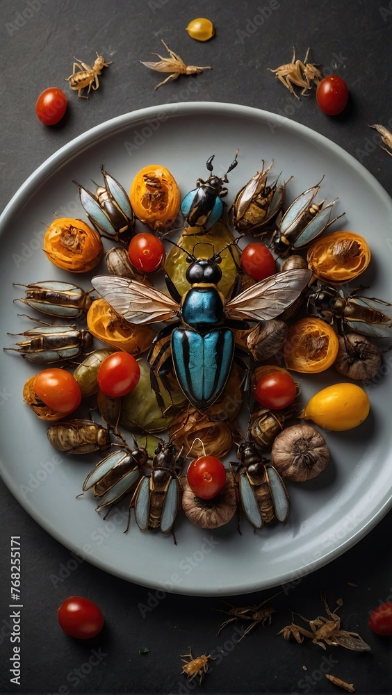 Insects, beetles and larvae as food on served plates. Concept Hunger ...