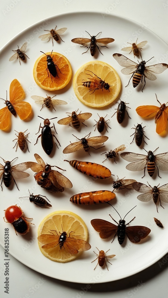 Insects, beetles and larvae as food on served plates. Concept Hunger ...
