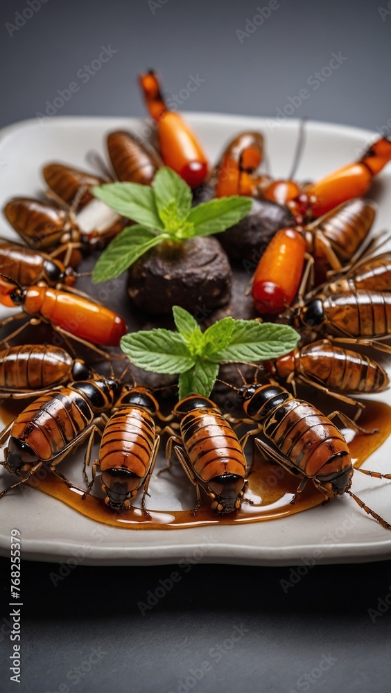 Insects, beetles and larvae as food on served plates. Concept Hunger ...