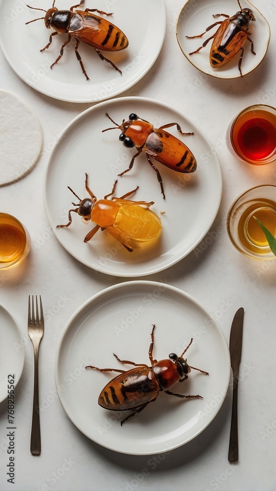 Insects, beetles and larvae as food on served plates. Concept Hunger ...