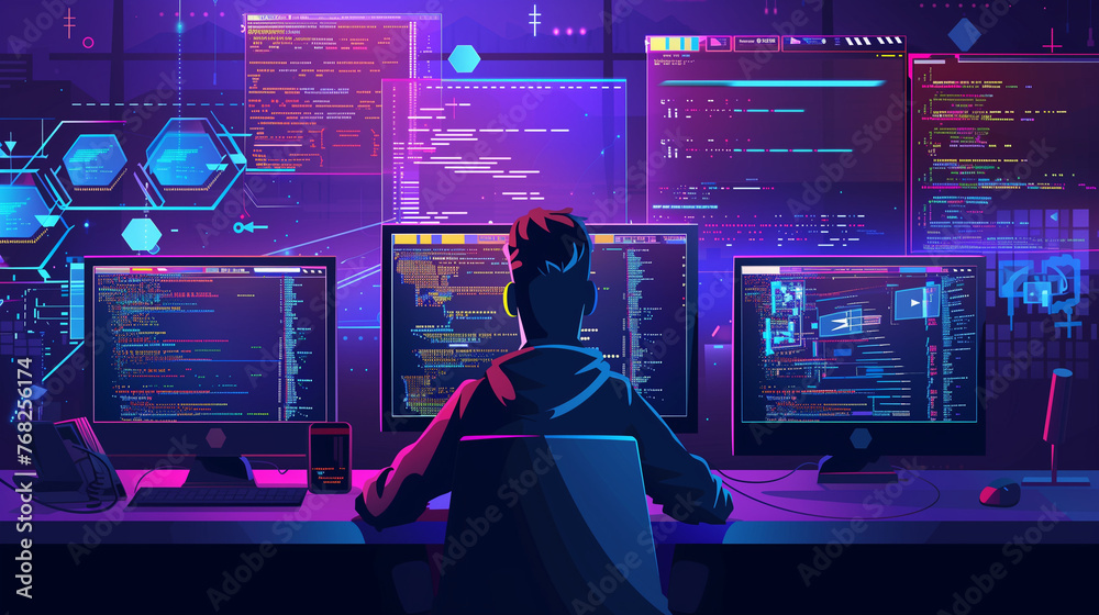 Programmer at work, multi-screen setup with code and data ...