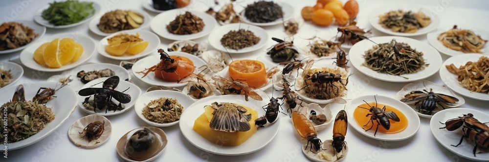 Insects, beetles and larvae as food on served plates. Concept Hunger ...