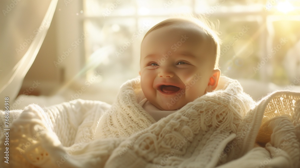 Heartwarming Baby Laughter: An Adorable Baby Wrapped in a Soft, White ...