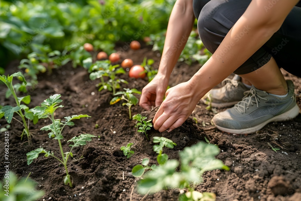 Woman holding her knee in pain while working in a garden bed during ...