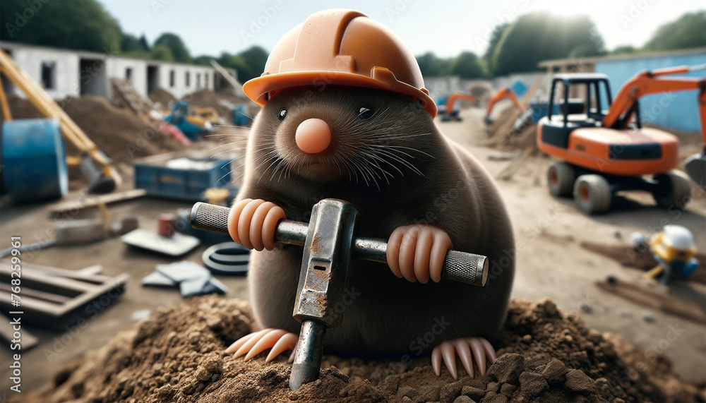 An image of a small mole in a construction helmet, clutching a ...