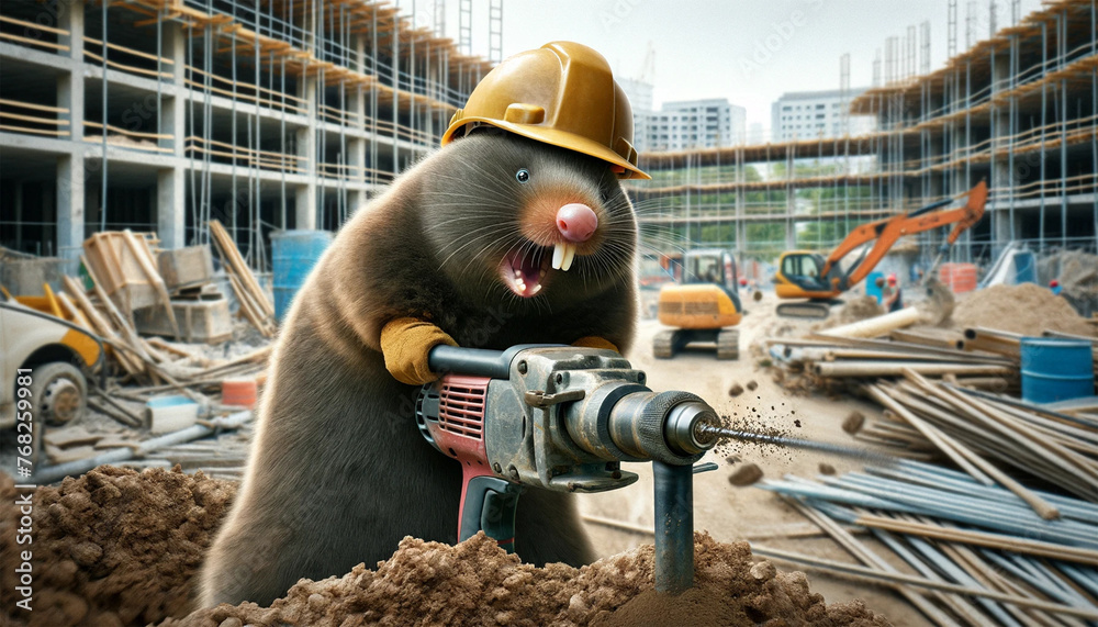 An image of a small mole in a construction helmet, clutching a ...