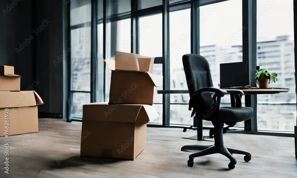 Stack of cardboard boxes in office near chair in empty office room ...