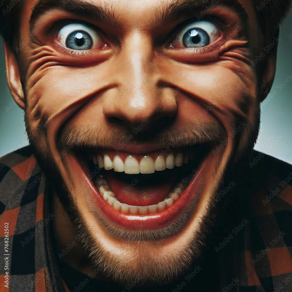 Man is going crazy in close-up. Going insane. Mental illness or disease ...