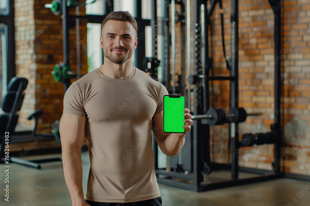 Smiling muscular man fitness trainer shows phone with green screen ...