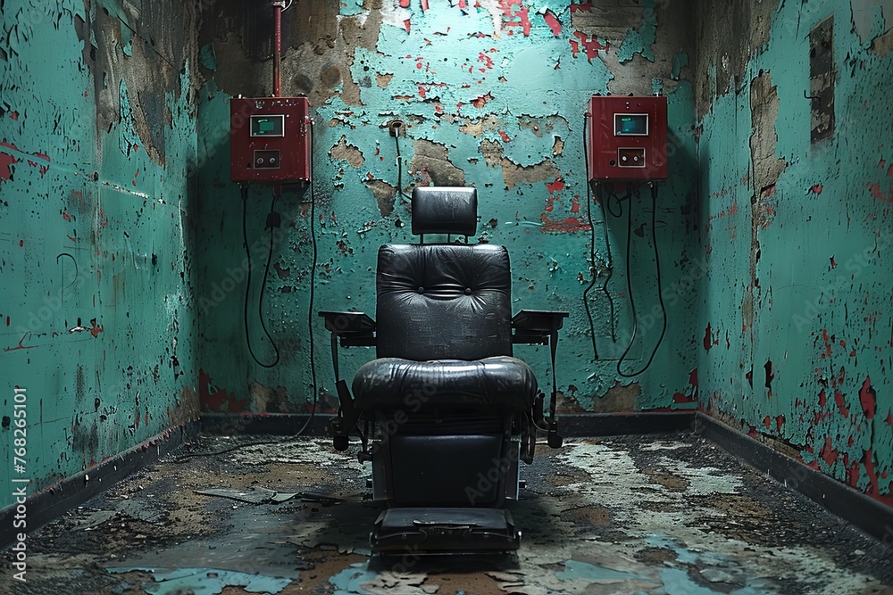Illustration of an electric chair in an abandoned room, engulfed in ...