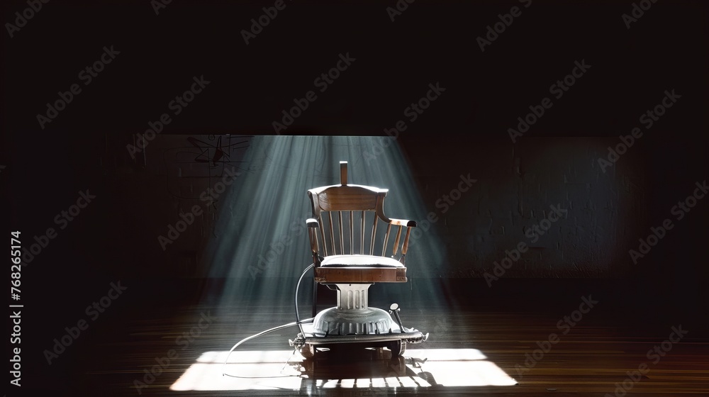 Illustration of an electric chair in an abandoned room, engulfed in ...