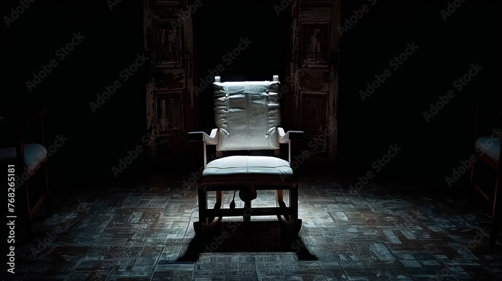 Illustration of an electric chair in an abandoned room, engulfed in ...