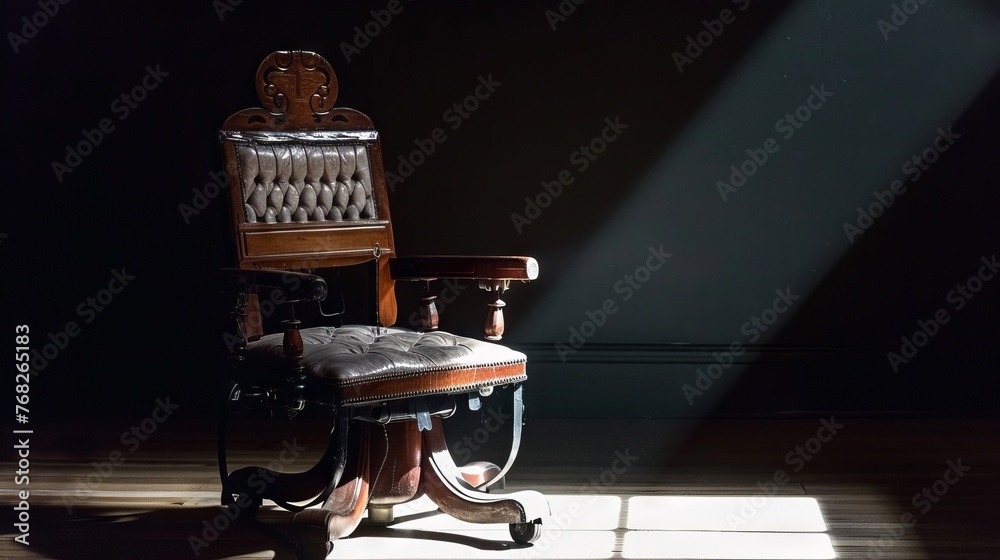 Illustration of an electric chair in an abandoned room, engulfed in ...
