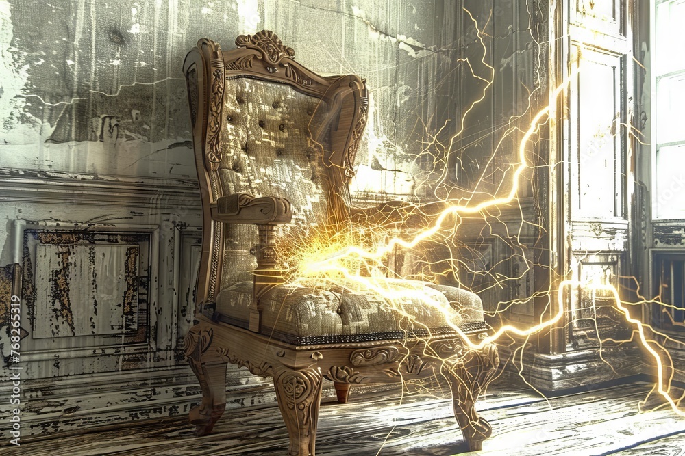 Illustration of an electric chair in an abandoned room, engulfed in ...