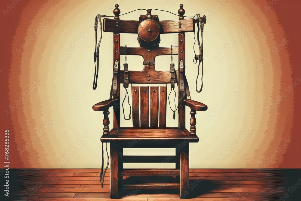 Illustration of an electric chair in an abandoned room, engulfed in ...