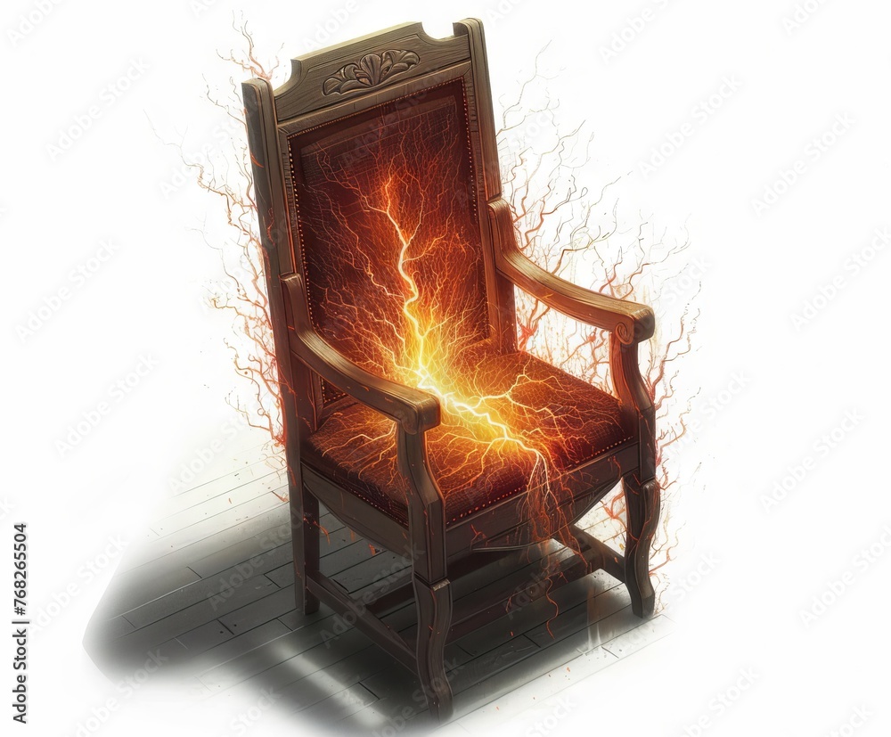 Illustration of an electric chair in an abandoned room, engulfed in ...