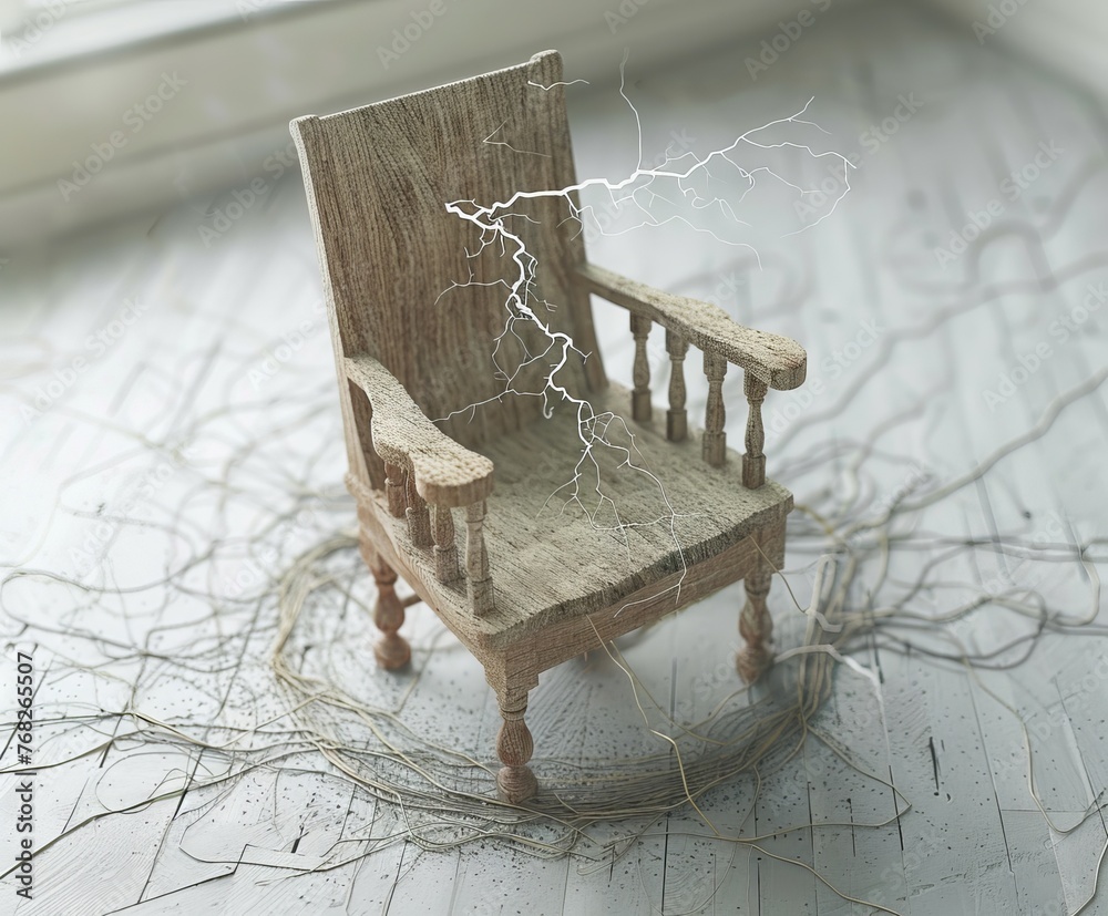 Illustration of an electric chair in an abandoned room, engulfed in ...