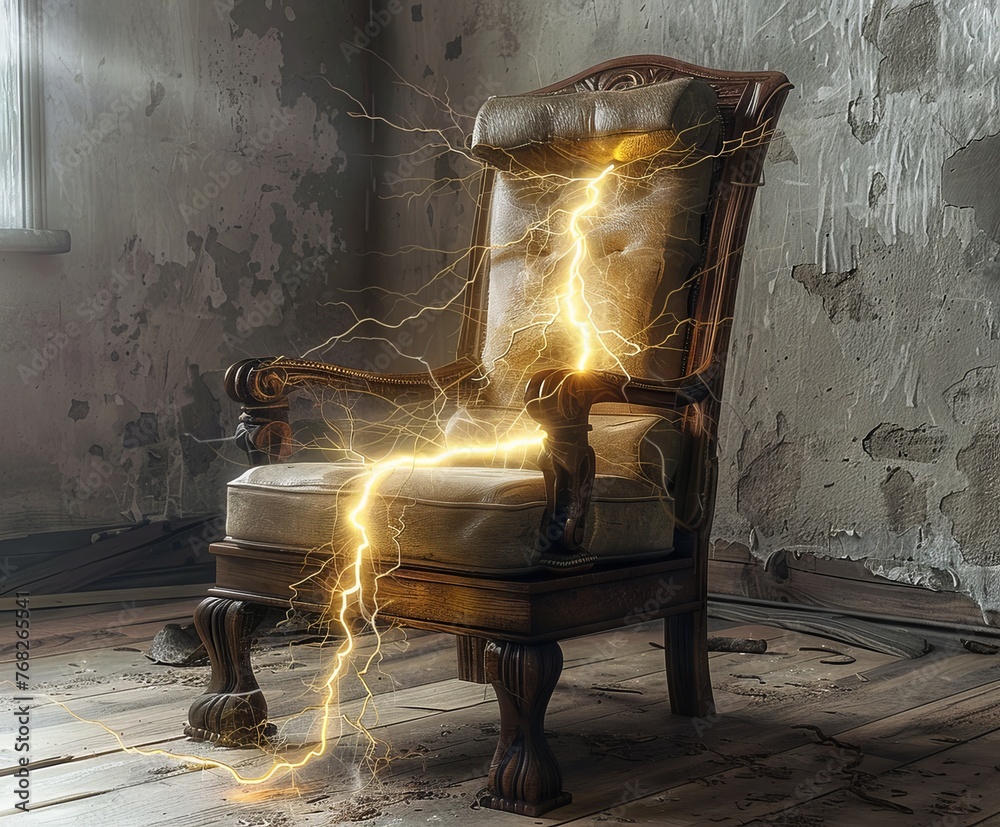 Illustration of an electric chair in an abandoned room, engulfed in ...
