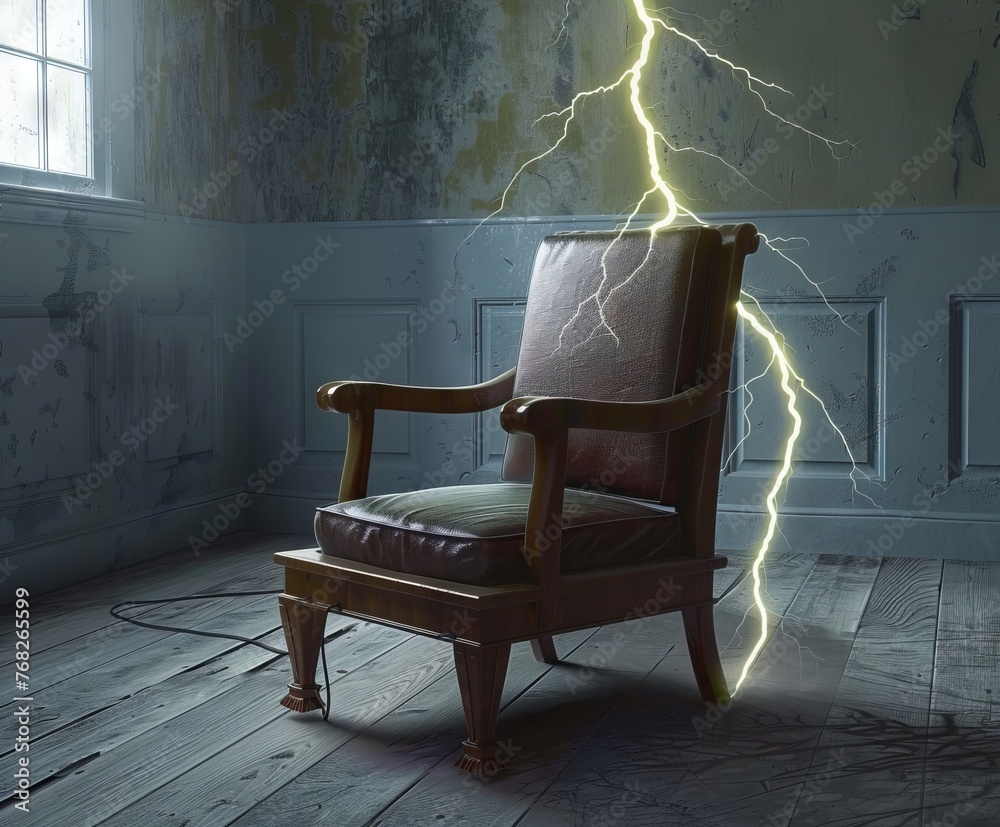 Illustration of an electric chair in an abandoned room, engulfed in ...