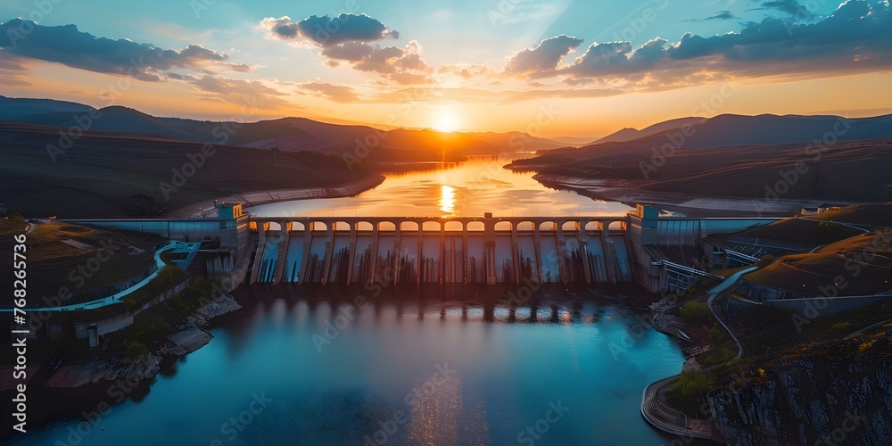 Sunset at hydroelectric dam warm light reflects off water symbolizing ...