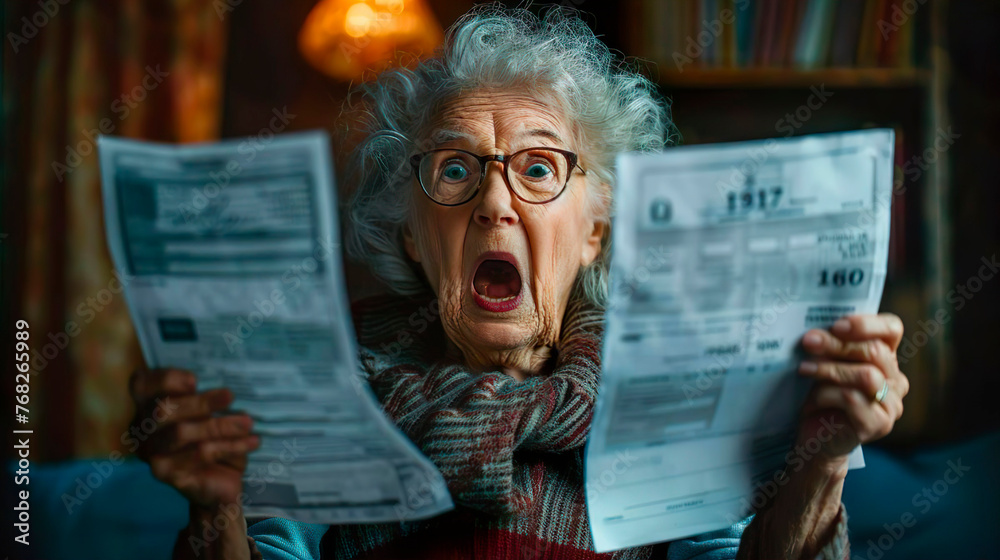 Sad, confused surprised, shocked senior old woman disgusted at monthly ...