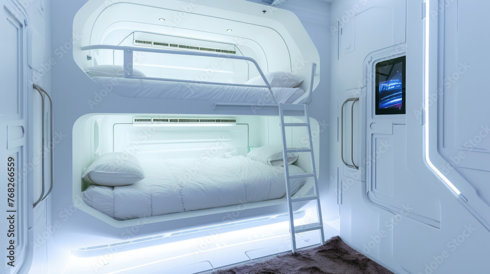 Small room with two-level bed in spaceship, white interior design of ...