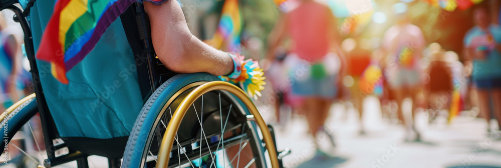 Inclusive pride image of disabled gay man in wheelchair celebrating ...