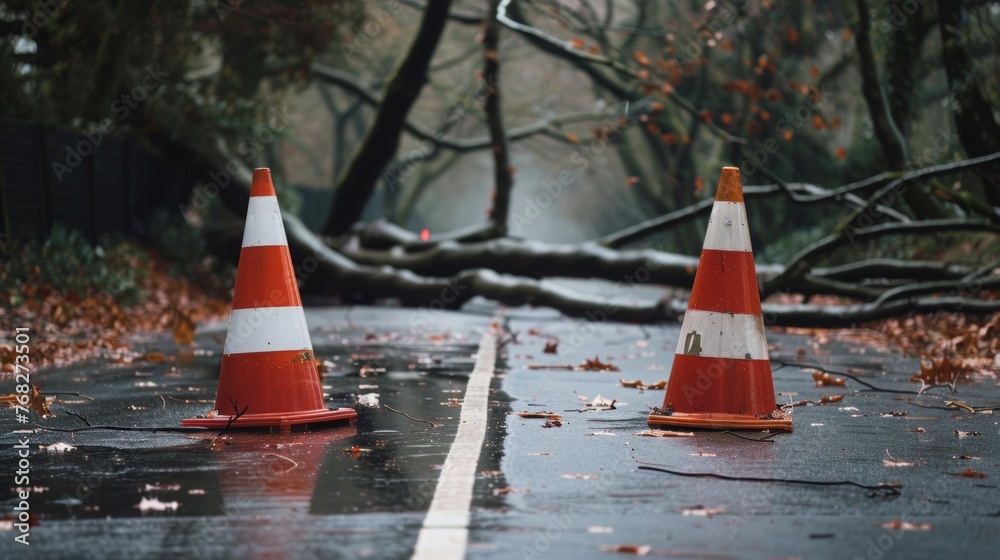 closed road due to fallen trees after strong winds, signaled by two ...