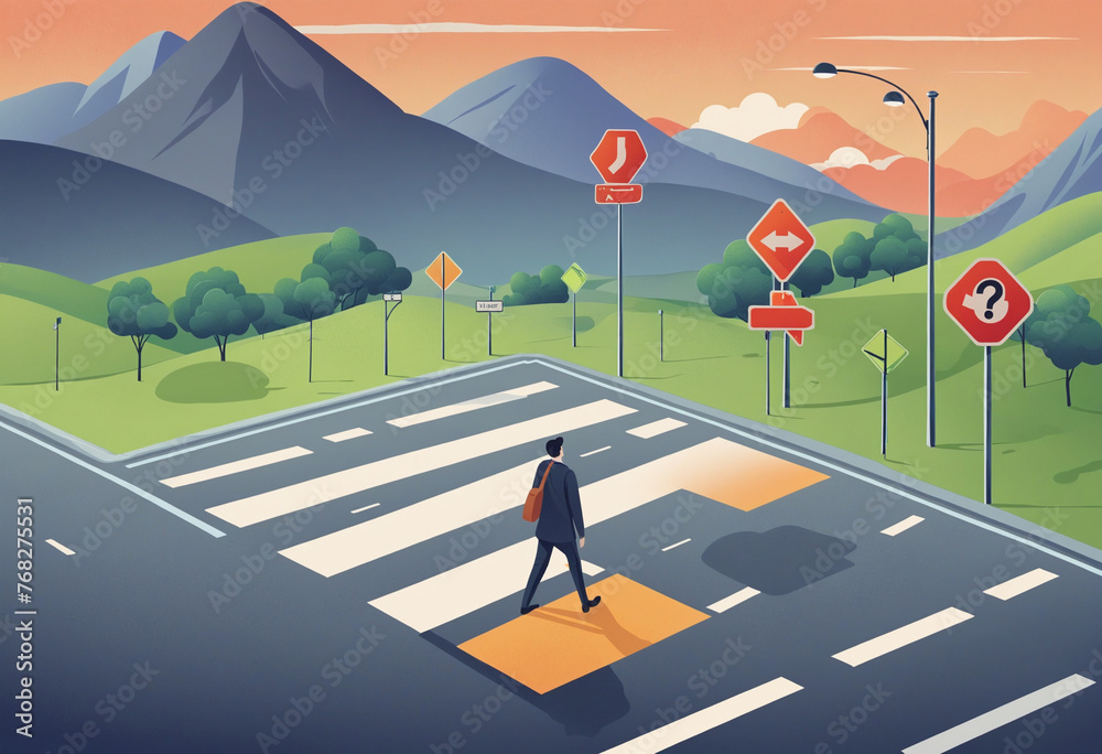 Man standing in street crossroad, modern flat gradient illustration for ...