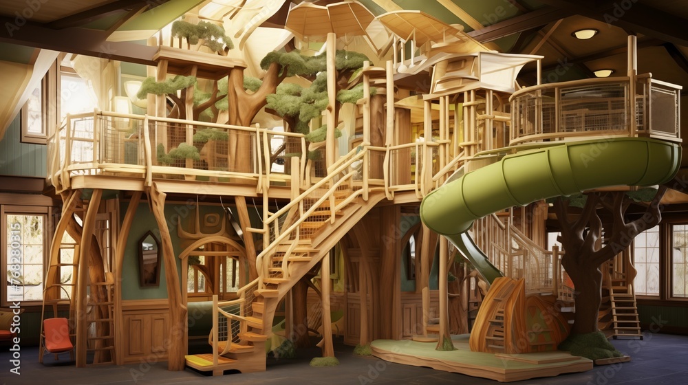 Two-story indoor treehouse playland with walkways, ladders, climbing ...