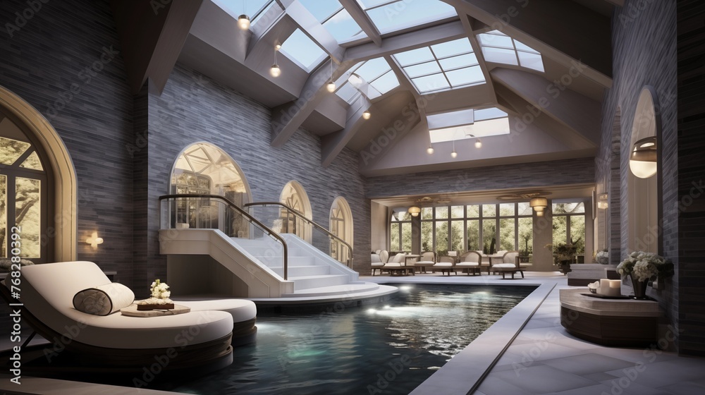 Ultra-luxe indoor home spa with vaulted ceilings, mosaic-tiled therapy ...