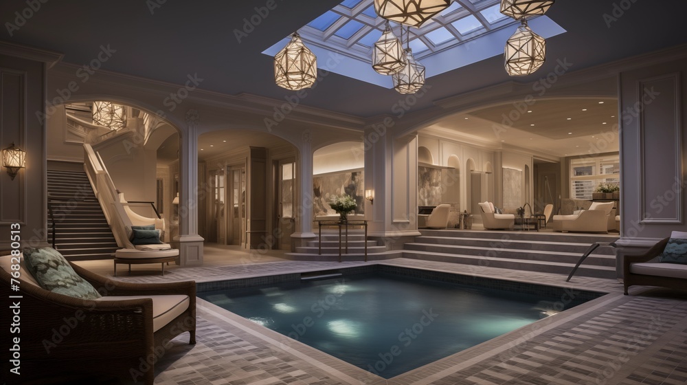 Ultra-luxe indoor home spa with vaulted ceilings, mosaic-tiled therapy ...