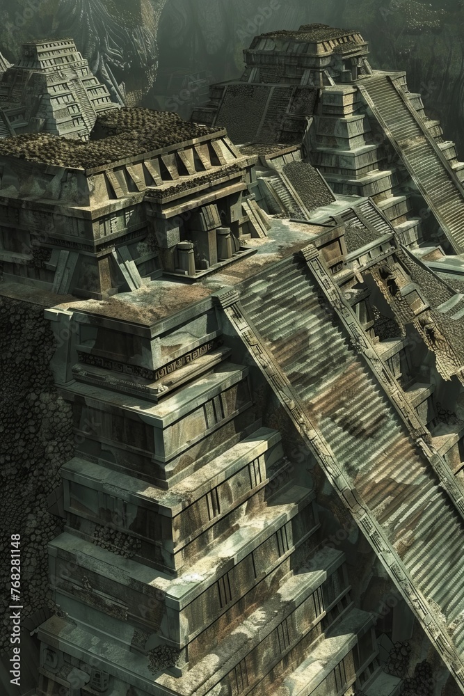 An aerial perspective of the ancient Aztec pyramid complex nestled ...