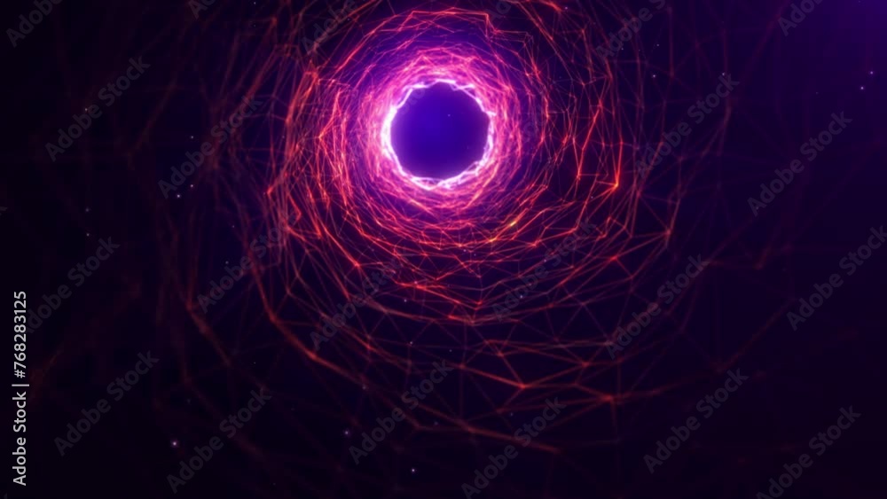 Abstract digital space of a dynamic glowing red tunnel of lines dots ...