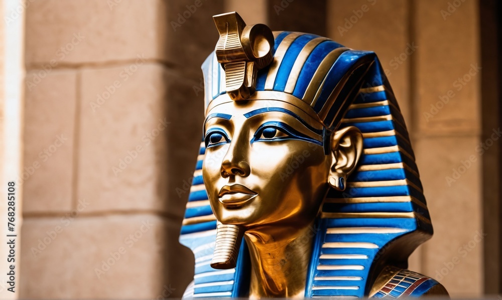 Egyptian gilded pharaoh statue. Plaster replica of the head of ...