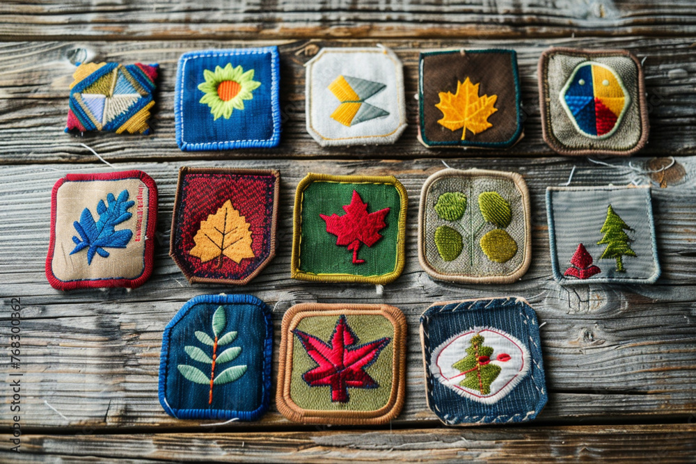 photograph of a set of fabric patches displayed on a wooden surface ...