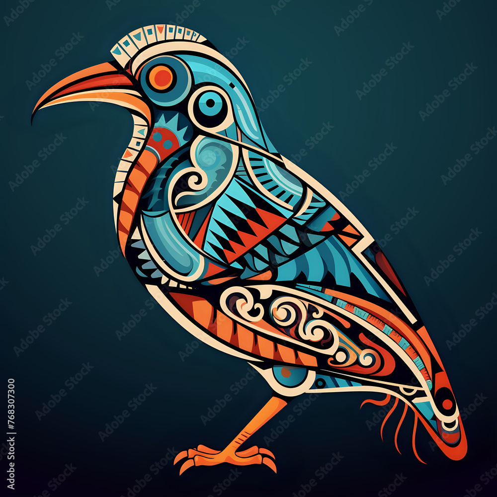 Tribal Ornamented Bird in Vivid Colors. Striking digital art of a bird ...