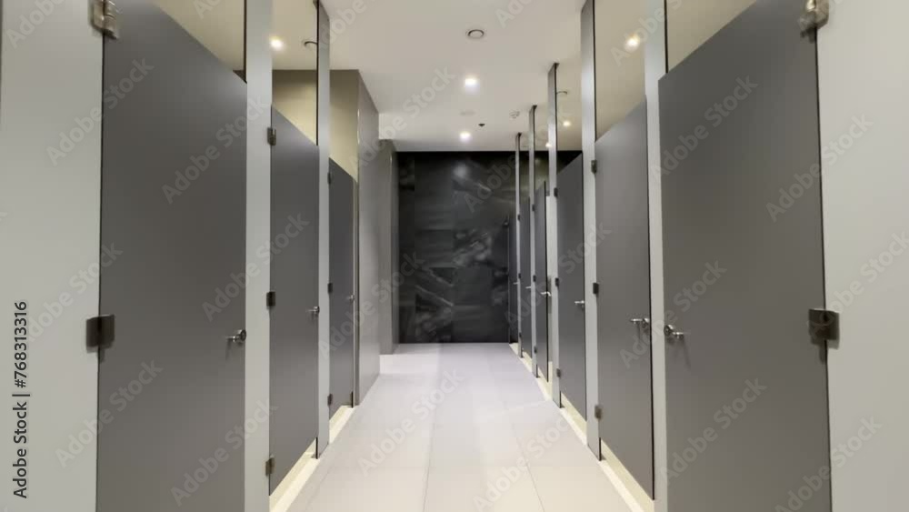 Contemporary Public Restroom with Rows of Closed Stall Cubicles and ...
