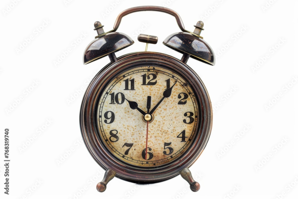 An antique-style alarm clock with rust and patina telling time ...