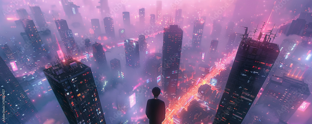 In a futuristic cityscape, amidst towering skyscrapers, under neon ... In a futuristic cityscape, amidst towering skyscrapers, under neon ...