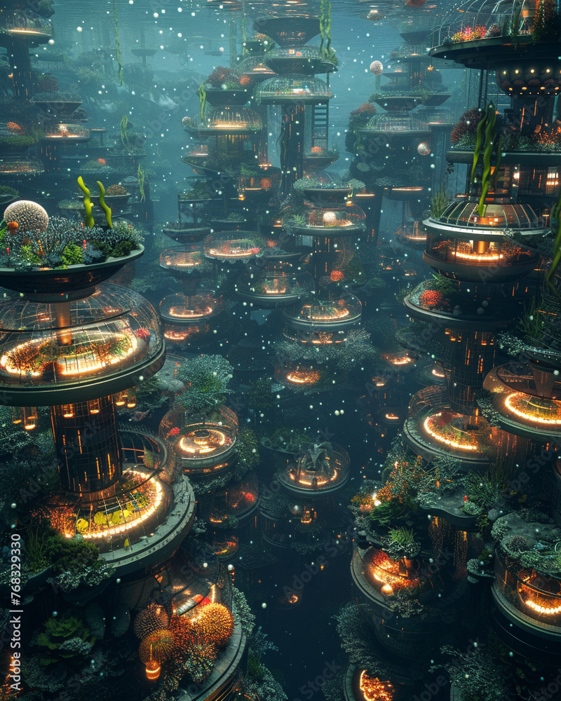 Oceanic City, floating gardens, advanced civilization built from coral ...