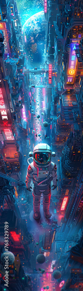 Spacefarer, Exosuit, Interstellar explorer, Navigating the neon-lit ...