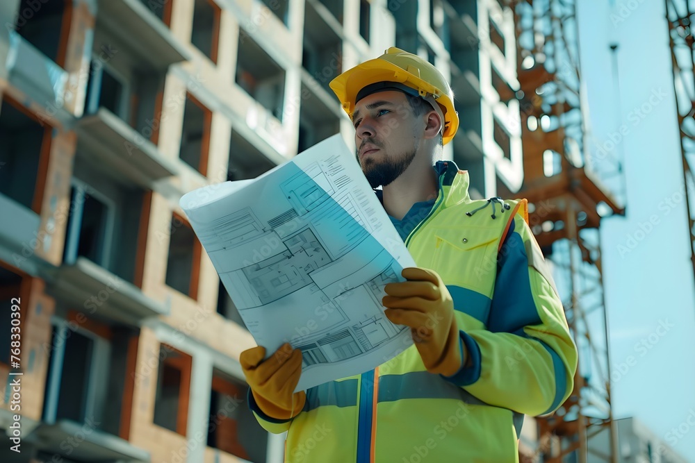 Engineer in safety gear inspecting blueprints at a high-rise ...