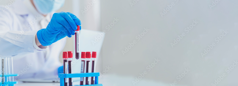 Banner Scientist man look Microscope research in science laboratory ...