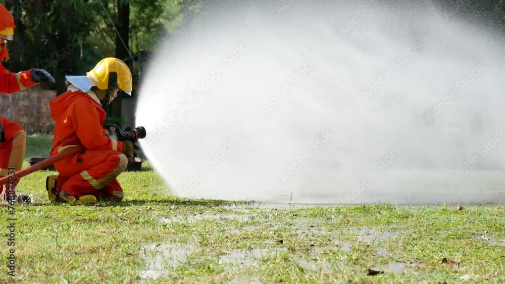 Firefighter fighting with fire flame protection property. Fireman wear ...